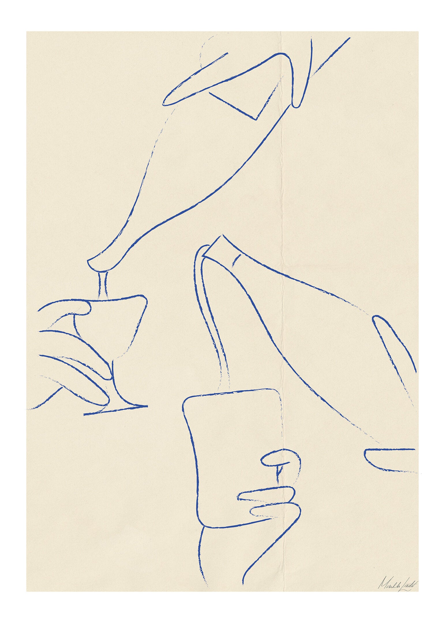 Salute poster – Stilrent köksmotiv med flaskor och glas i blått och ...